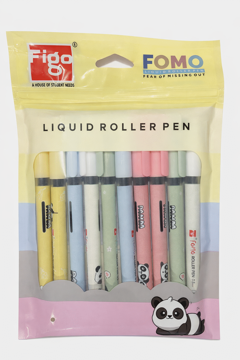 Figo FOMO Liquid Roller BLUE pen pack of 10 smooth writing, panda print ...